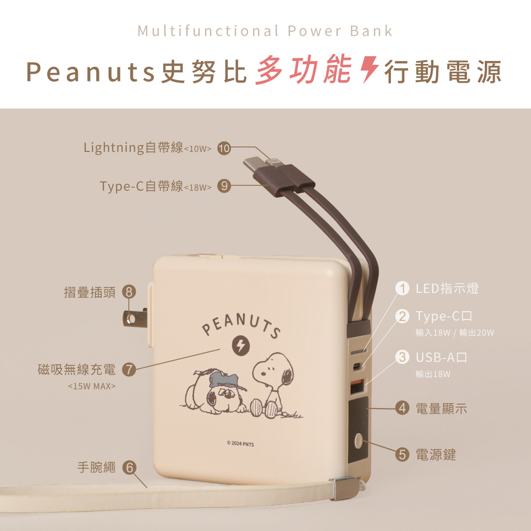 嘖嘖 | All in ONE！Peanuts史努比多功能行動電源．省時省力輕鬆充，最強外掛一台搞定