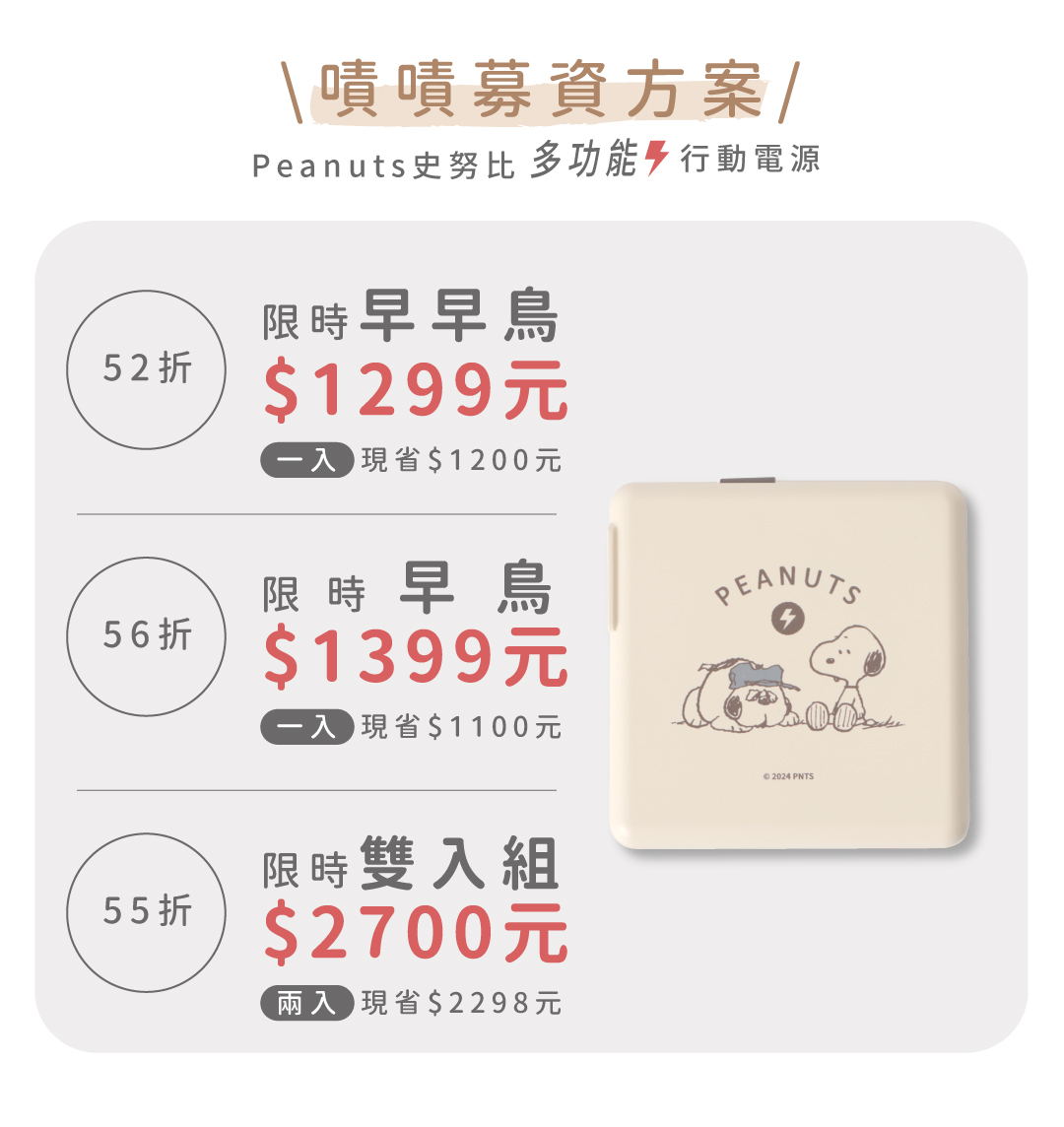 嘖嘖 | All in ONE！Peanuts史努比多功能行動電源．省時省力輕鬆充，最強外掛一台搞定